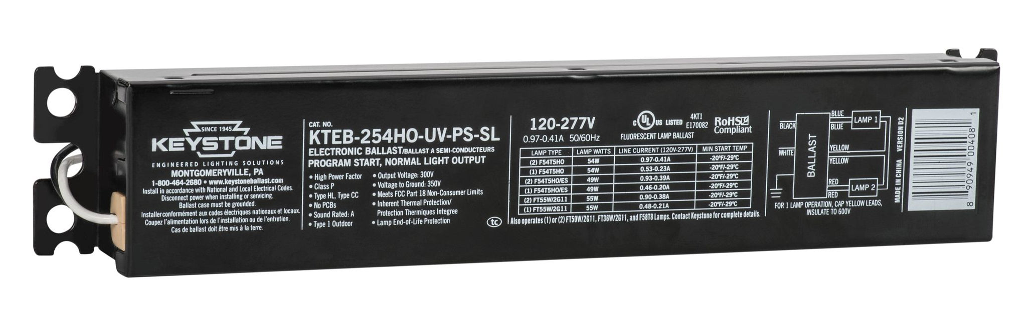 Keystone KTEB-254HO-UV-PS-SL-CP 2Xf54T5Ho Program Start Ballast ...