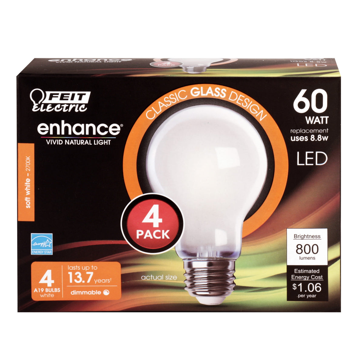 Feit Electric A1960/927CA/FIL/4 A19 Filament LED Bulb E26 Base ...