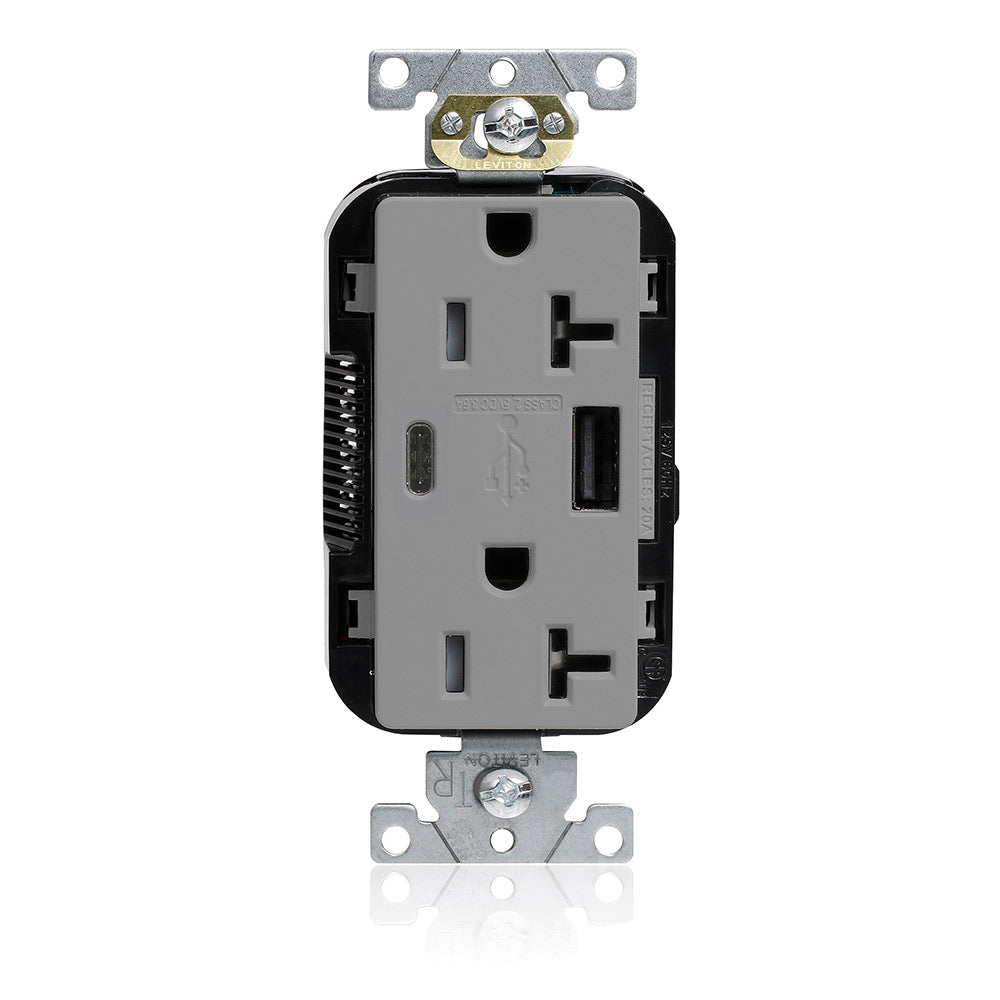 Leviton M58AC-GY 20A Lev-Lok USB Tamper-Resistant Outlet Type A-C Gray ...