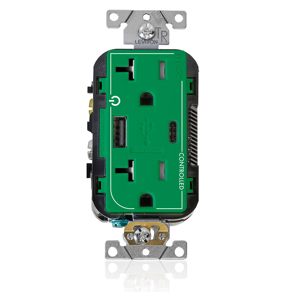 Leviton T5833-2GN 20A Marked Controlled USB AC Receptacle Green ...