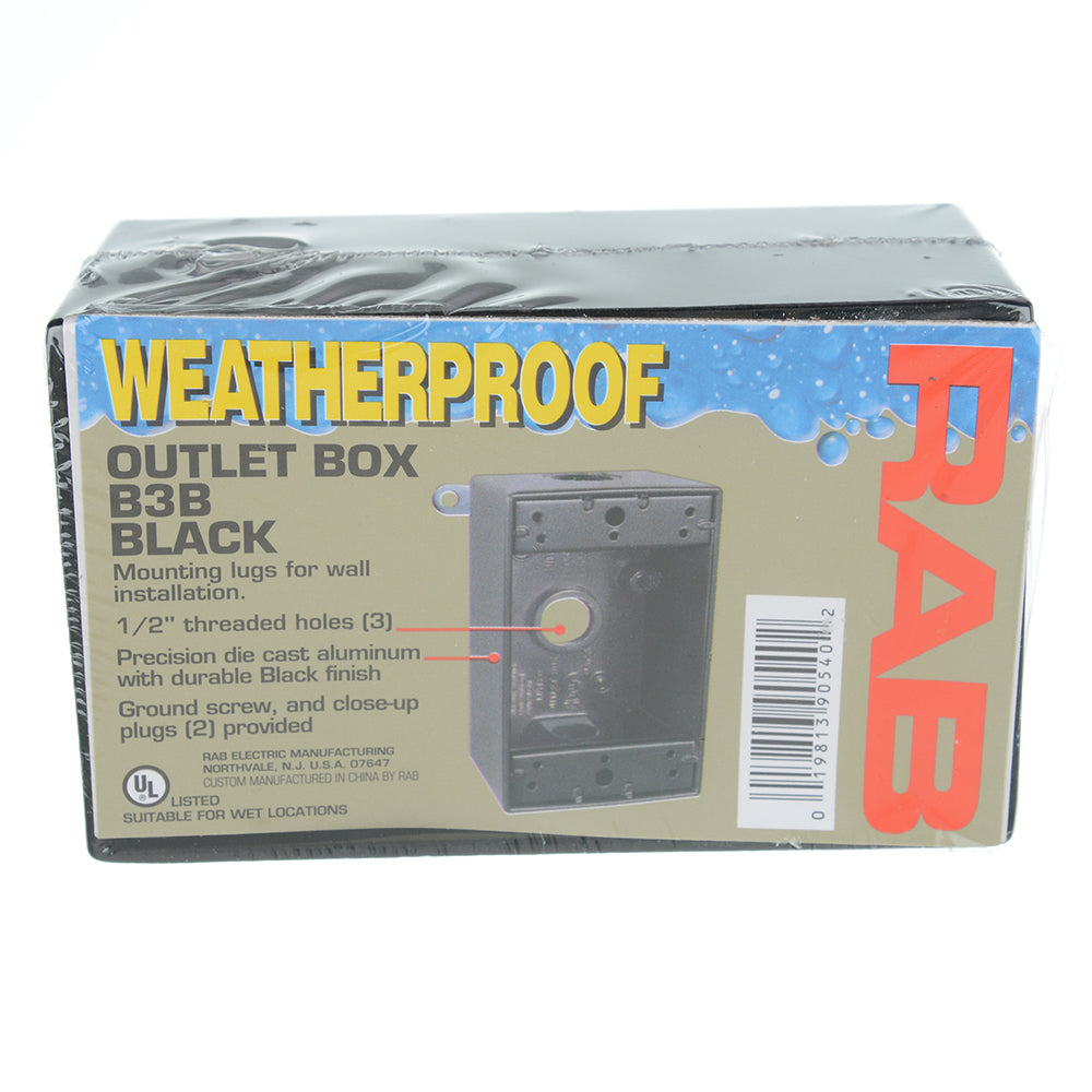 RAB B3B Weatherproof Single Outlet 3 Hole Box 1/2 Inch Black — Lighting ...